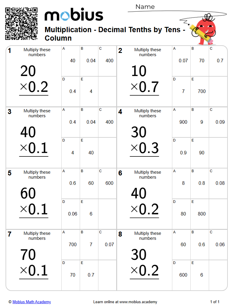 Free Printable Math Worksheet: Multiplication - Decimal Tenths By Tens ...