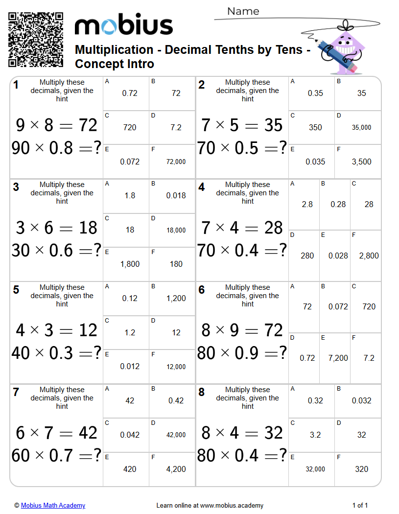 Free Printable Math Worksheet: Multiplication - Decimal Tenths By Tens ...