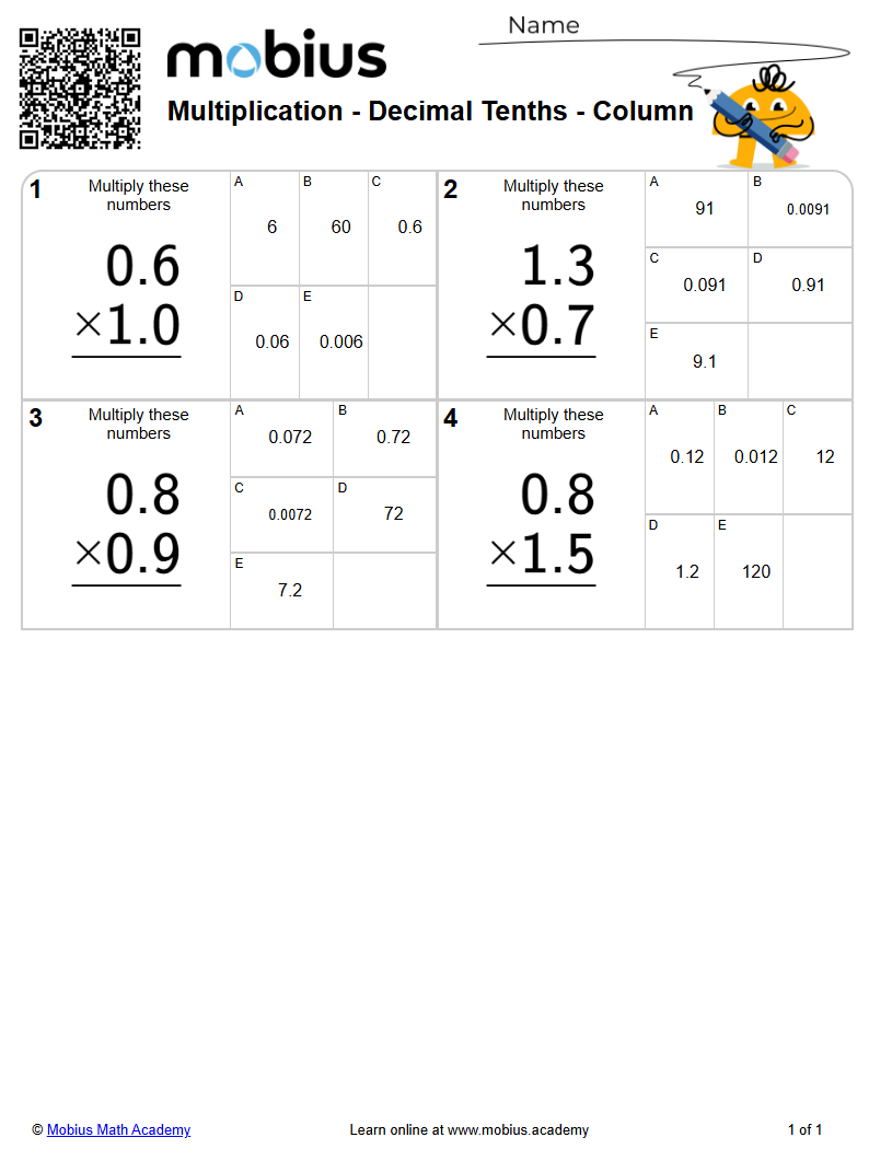 Free Printable Math Worksheet: Multiplication - Decimal Tenths - Column ...