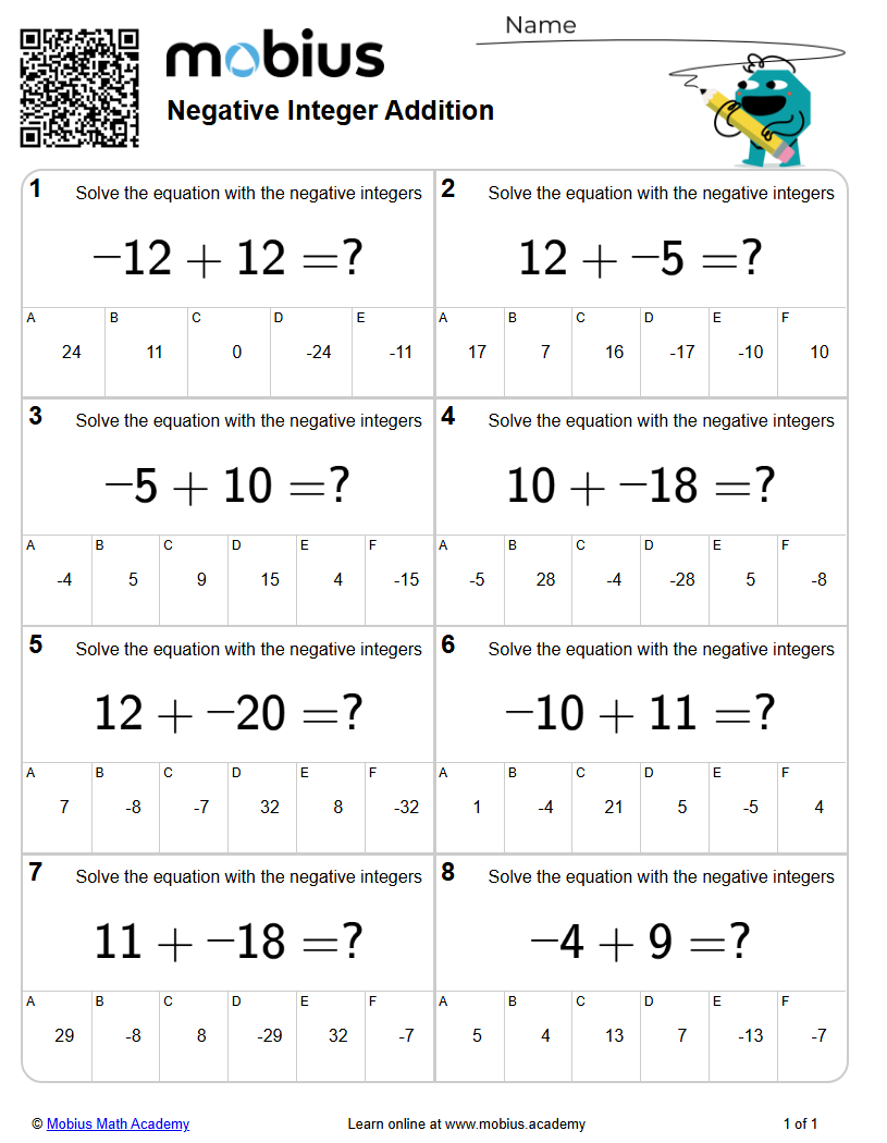 Free Worksheet: Negative Integer Addition (level 2) - Mobius Math Club