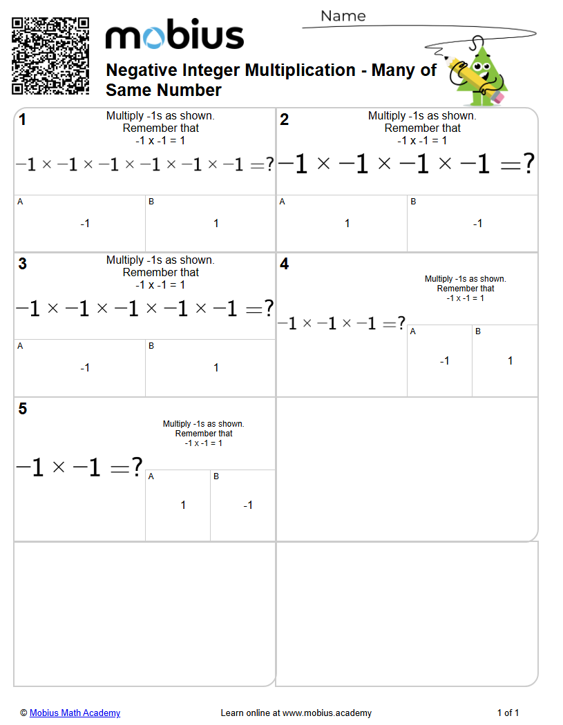 Free Worksheet: Negative Integer Multiplication - Many Of Same Number ...