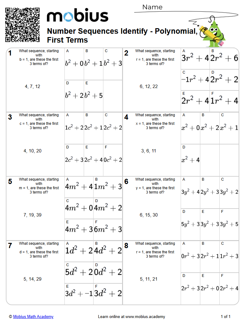 Free Worksheet: Number Sequences Identify - Polynomial, First Terms ...