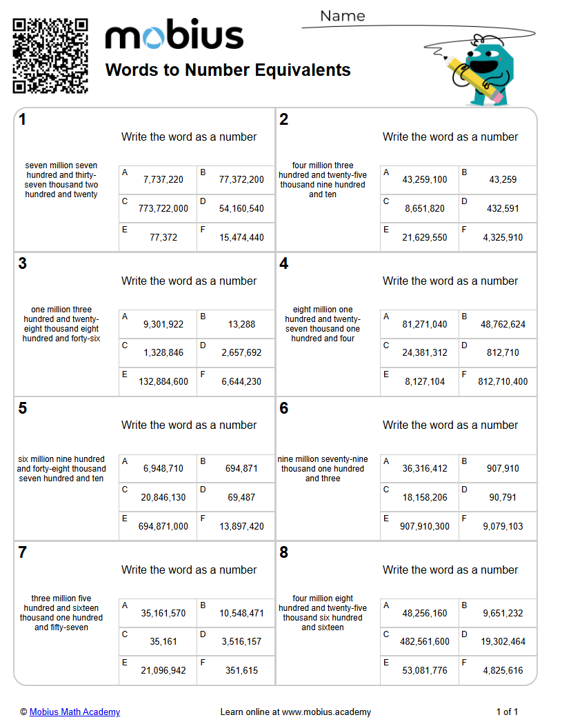 Free Worksheet: Words To Number Equivalents (level 6) - Mobius Math Club