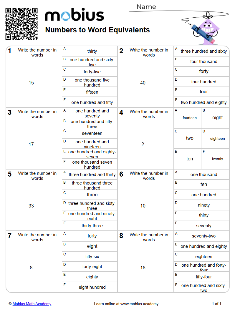 Free Worksheet: Numbers To Word Equivalents (level 1) - Mobius Math Club
