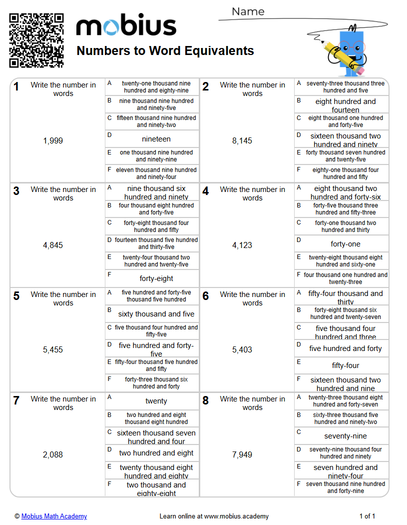 Free Worksheet: Numbers To Word Equivalents (level 3) - Mobius Math Club