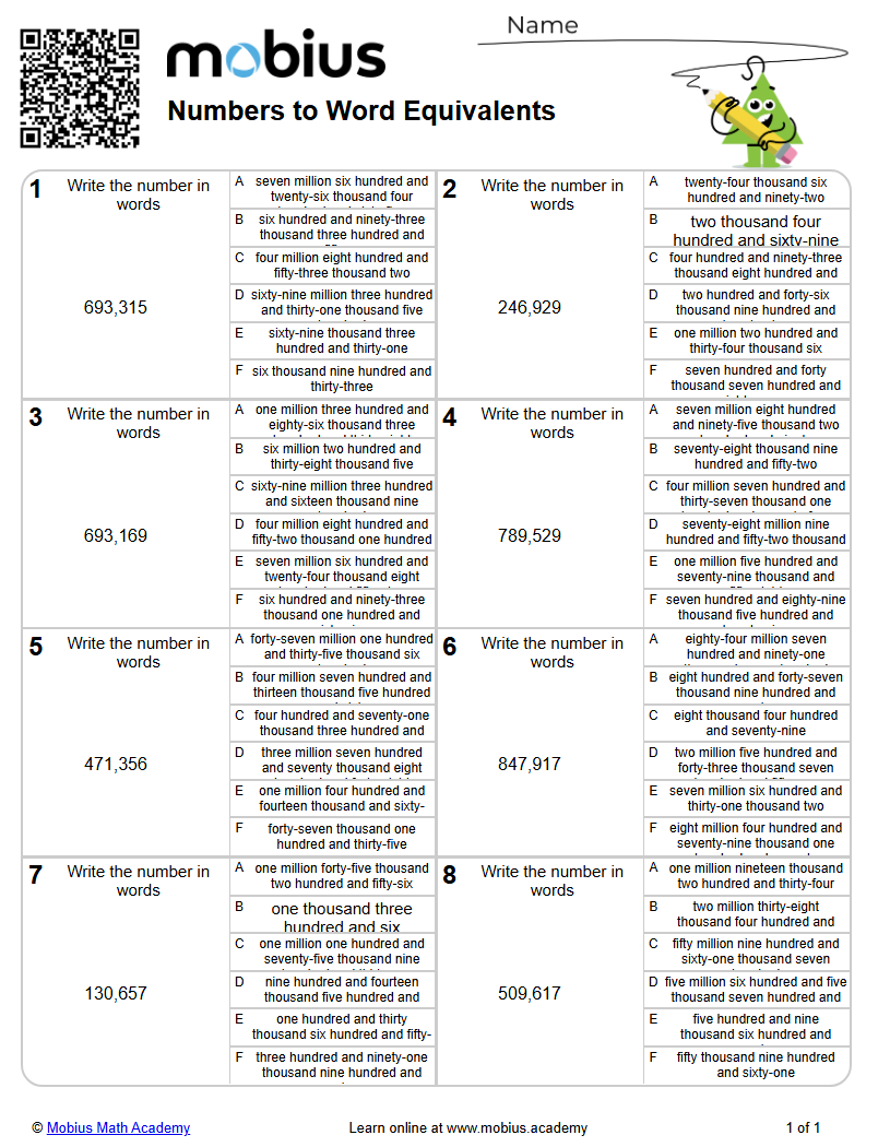 Free Worksheet: Numbers To Word Equivalents (level 5) - Mobius Math Club