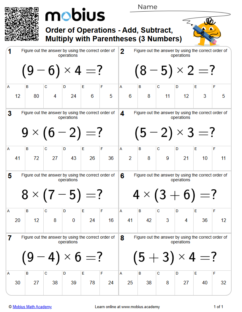 Free Printable Math Worksheet: Order Of Operations - Add, Subtract, Multiply With Parentheses (3 ...