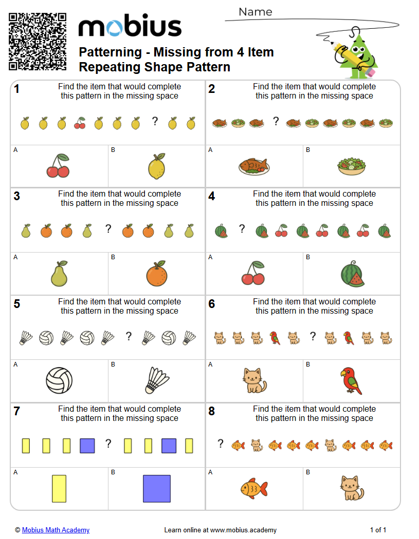 Free Worksheet: Patterning - Missing From 4 Item Repeating Shape ...