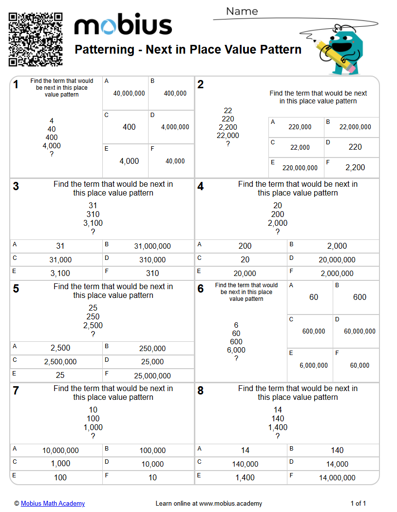 Free Worksheet: Patterning - Next In Place Value Pattern (level 1 ...