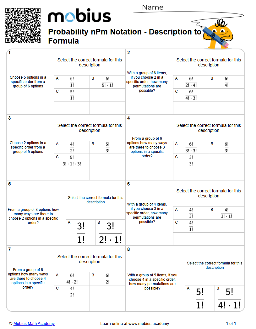 Free Worksheet: Probability Npm Notation - Description To Formula ...