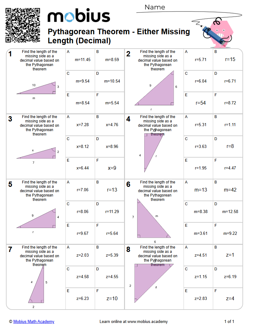 Free Worksheet: Pythagorean Theorem - Either Missing Length (Decimal ...