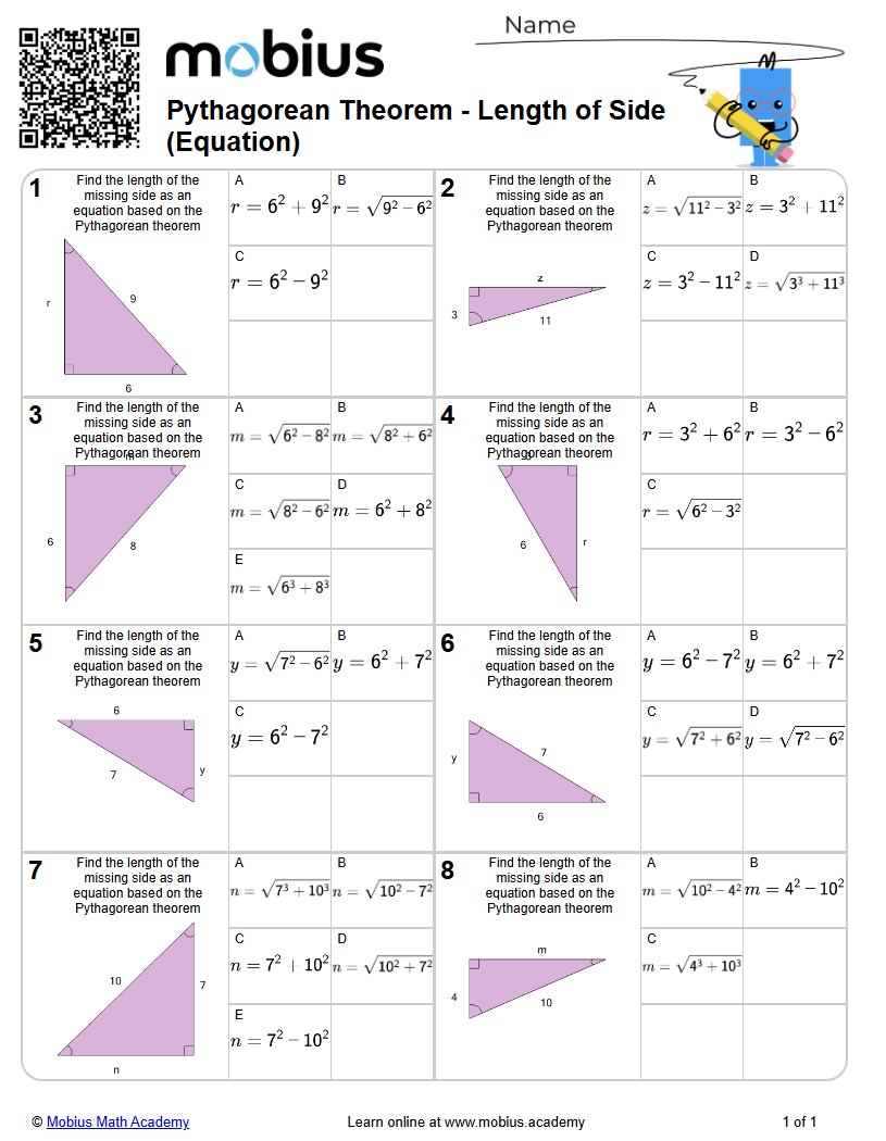 Free Worksheet: Pythagorean Theorem - Length Of Side (Equation) (level ...