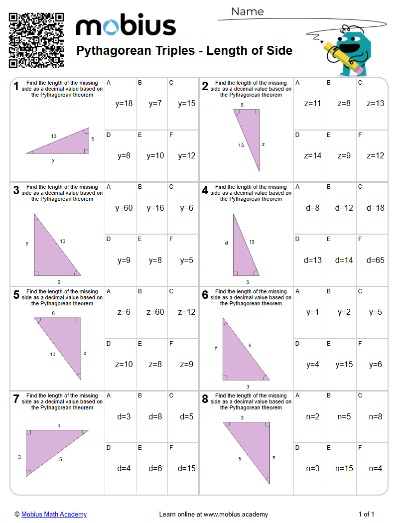 Free Worksheet: Pythagorean Triples - Length Of Side (level 1) - Mobius ...