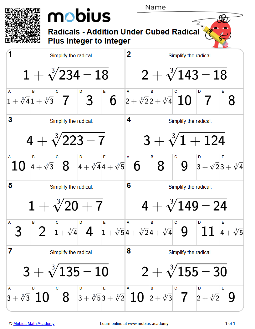 Free Printable Math Worksheet: Radicals - Addition Under Cubed Radical ...