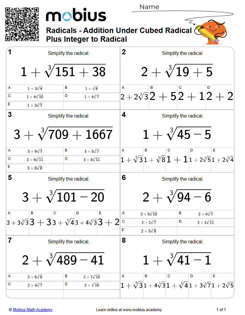 Free Printable Math Worksheet: Radicals - Addition Under Cubed Radical ...
