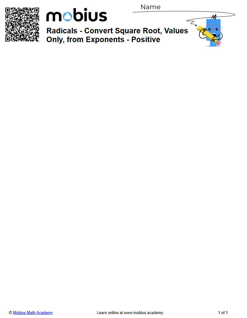 Free Worksheet: Radicals - Convert Square Root, Values Only, From ...