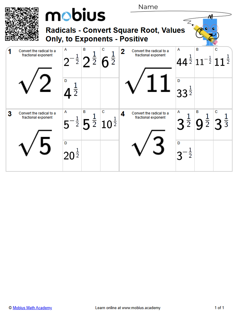 Free Worksheet: Radicals - Convert Square Root, Values Only, To ...
