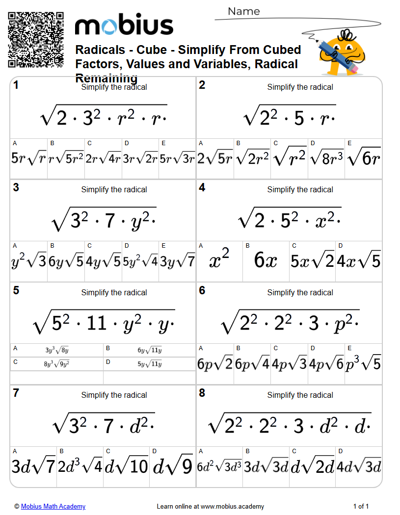 Free Printable Math Worksheet: Radicals - Cube - Simplify From Cubed ...