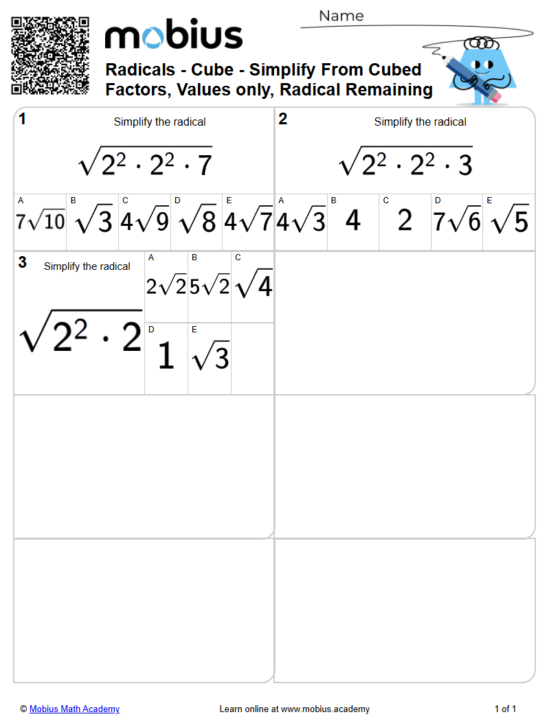 Free Printable Math Worksheet: Radicals - Cube - Simplify From Cubed ...