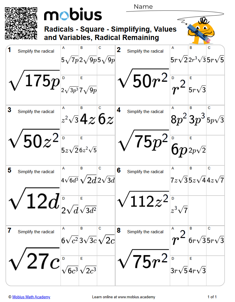Free Printable Math Worksheet: Radicals - Square - Simplifying, Values ...