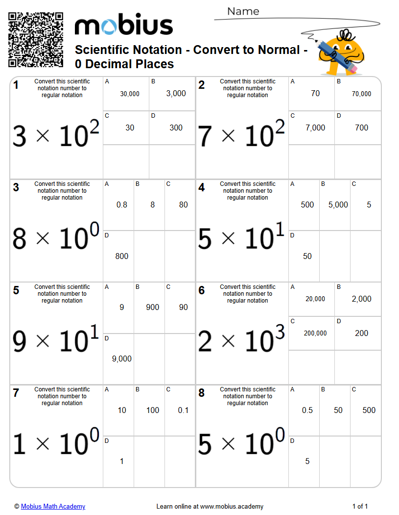 Free Worksheet: Scientific Notation - Convert To Normal - 0 Decimal ...