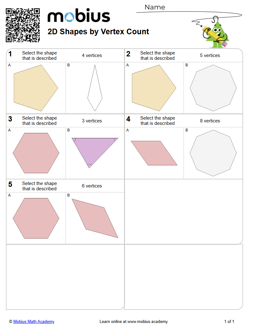 Free Worksheet: Identify 2D Shapes By Vertex Count (level 1) - Mobius ...