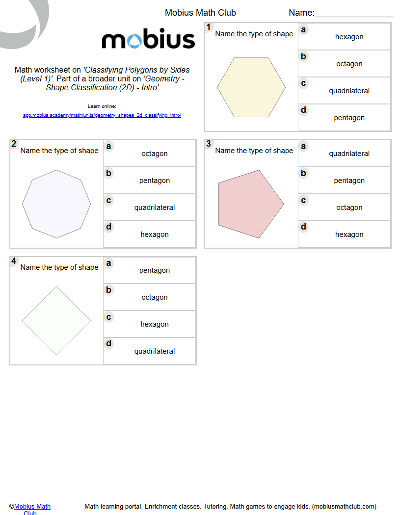 Free Worksheet: Classifying Polygons By Sides (level 1) - Mobius Math Club Free Worksheet: Classifying Polygons By Sides (level 1) - Mobius Math Club