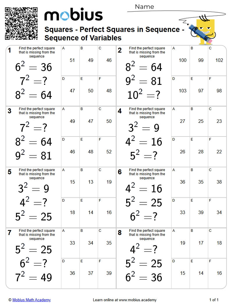 Free Worksheet: Squares - Perfect Squares In Sequence - Sequence Of ...