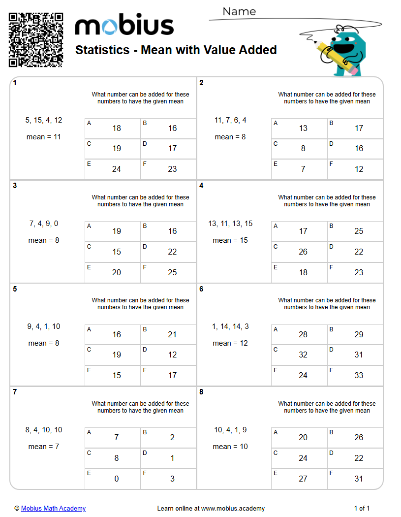Free Worksheet: Statistics - Mean With Value Added (level 5) - Mobius ...