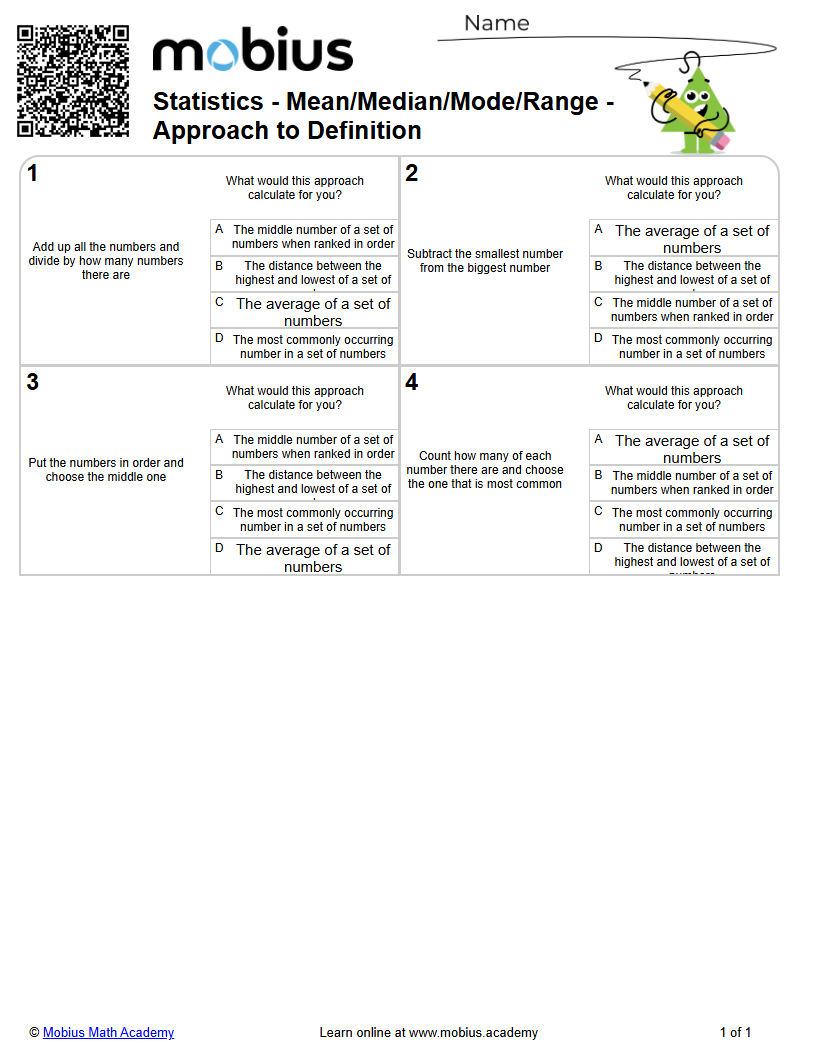 Free Worksheet: Statistics - Mean/Median/Mode/Range - Approach To Definition (level 1) - Mobius ...
