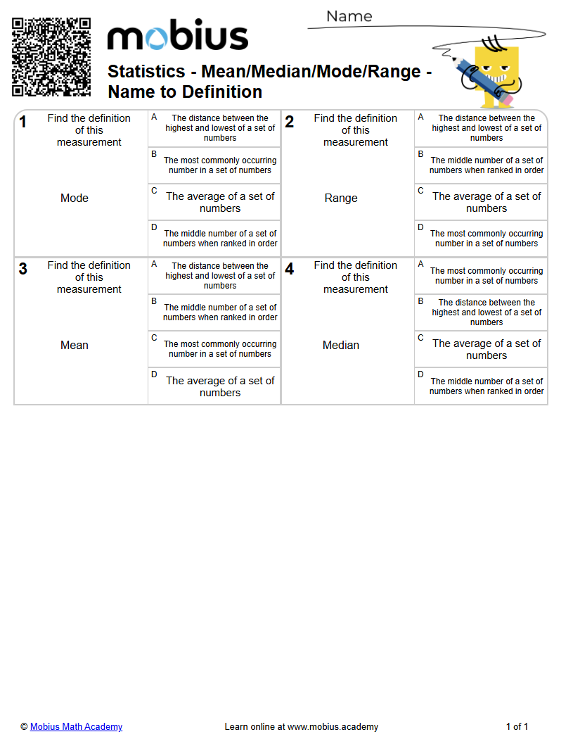 Free Worksheet: Statistics - Mean/Median/Mode/Range - Name To Definition (level 1) - Mobius Math ...