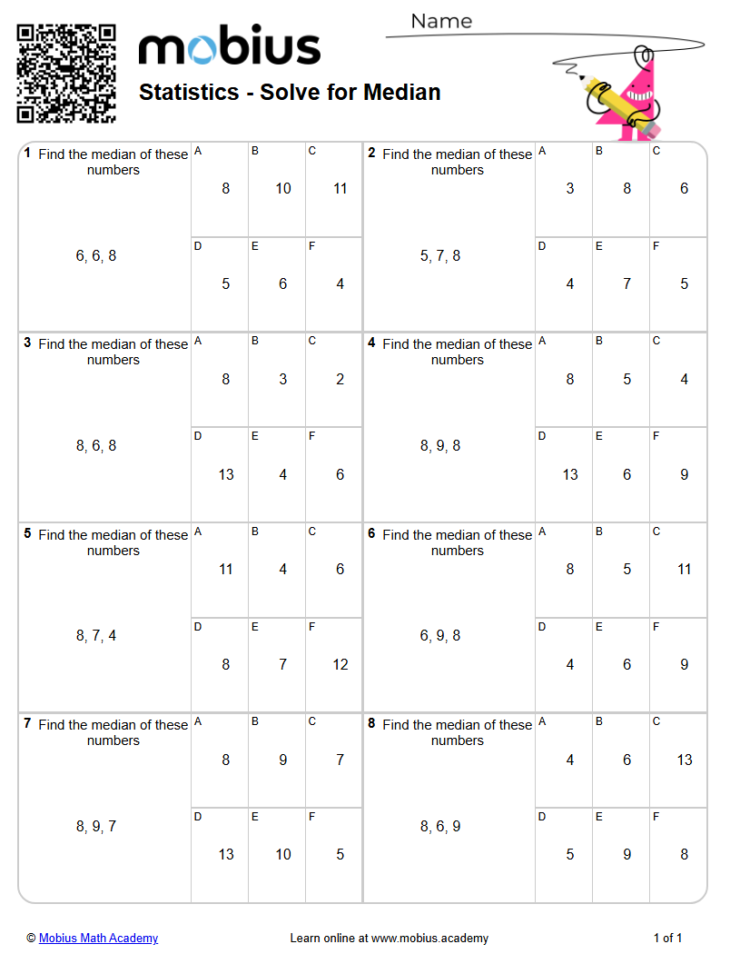 Free Worksheet: Statistics - Solve For Median (level 1) - Mobius Math Club