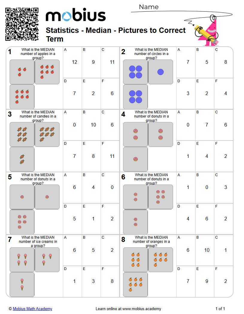 Free Worksheet: Statistics - Median - Pictures To Correct Term (level 1 ...