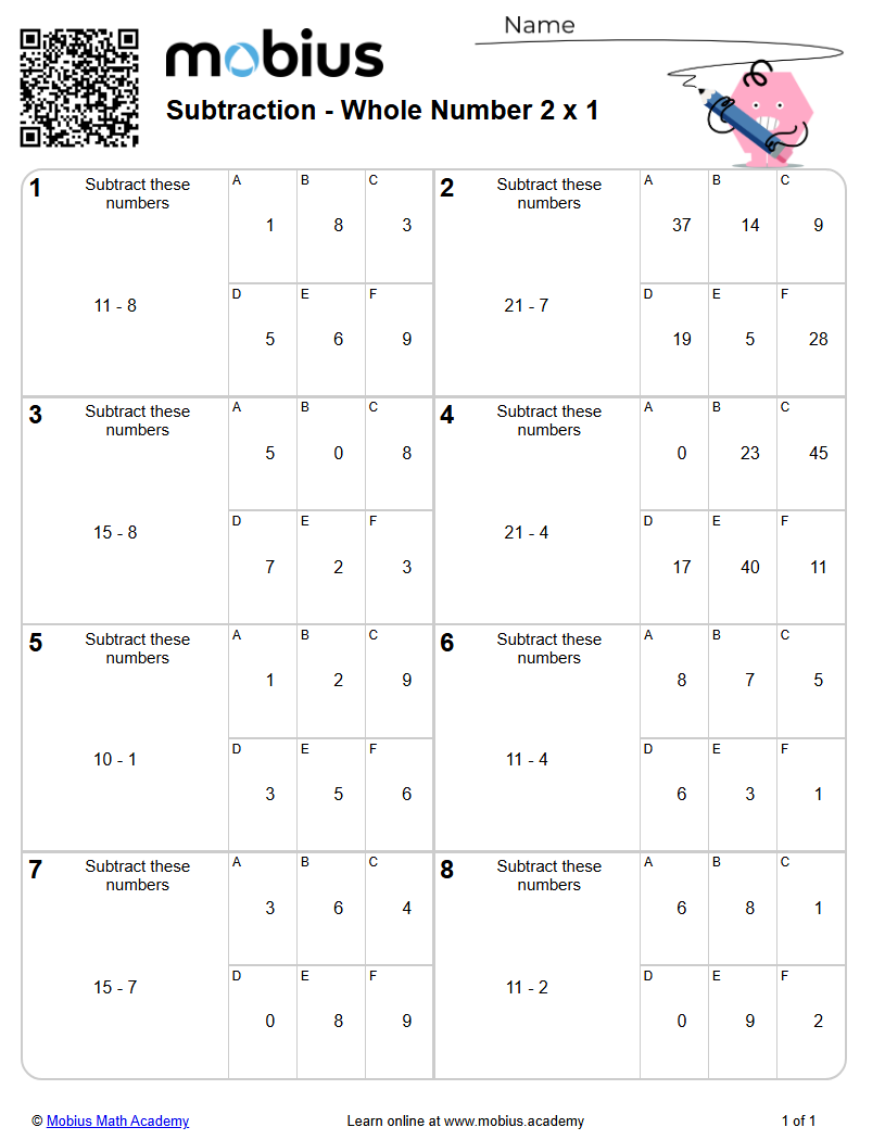Free Worksheet: Subtraction - Whole Number 2 X 1 (level 2) - Mobius ...