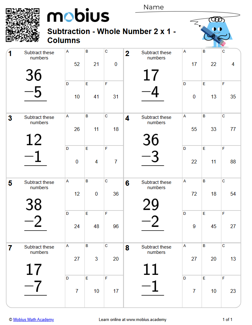 Free Worksheet: Subtraction - Whole Number 2 X 1 - Columns (level 1 ...