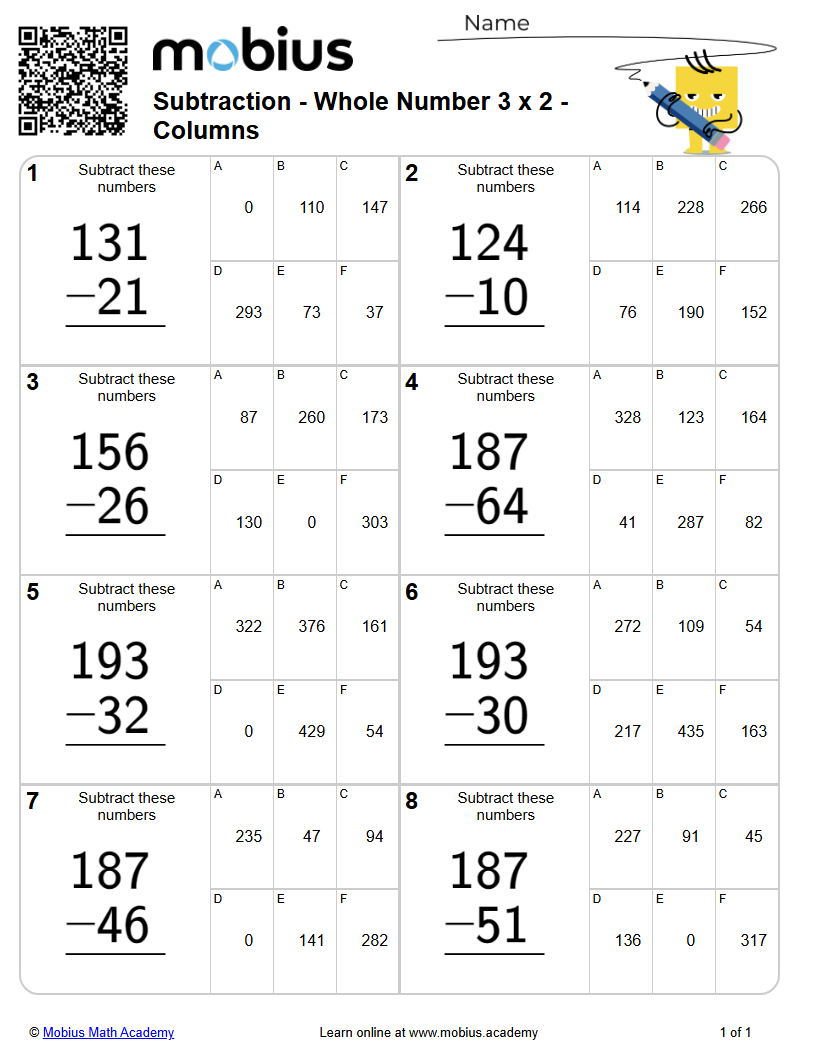 Free Worksheet: Subtraction - Whole Number 3 X 2 - Columns (level 1 ...