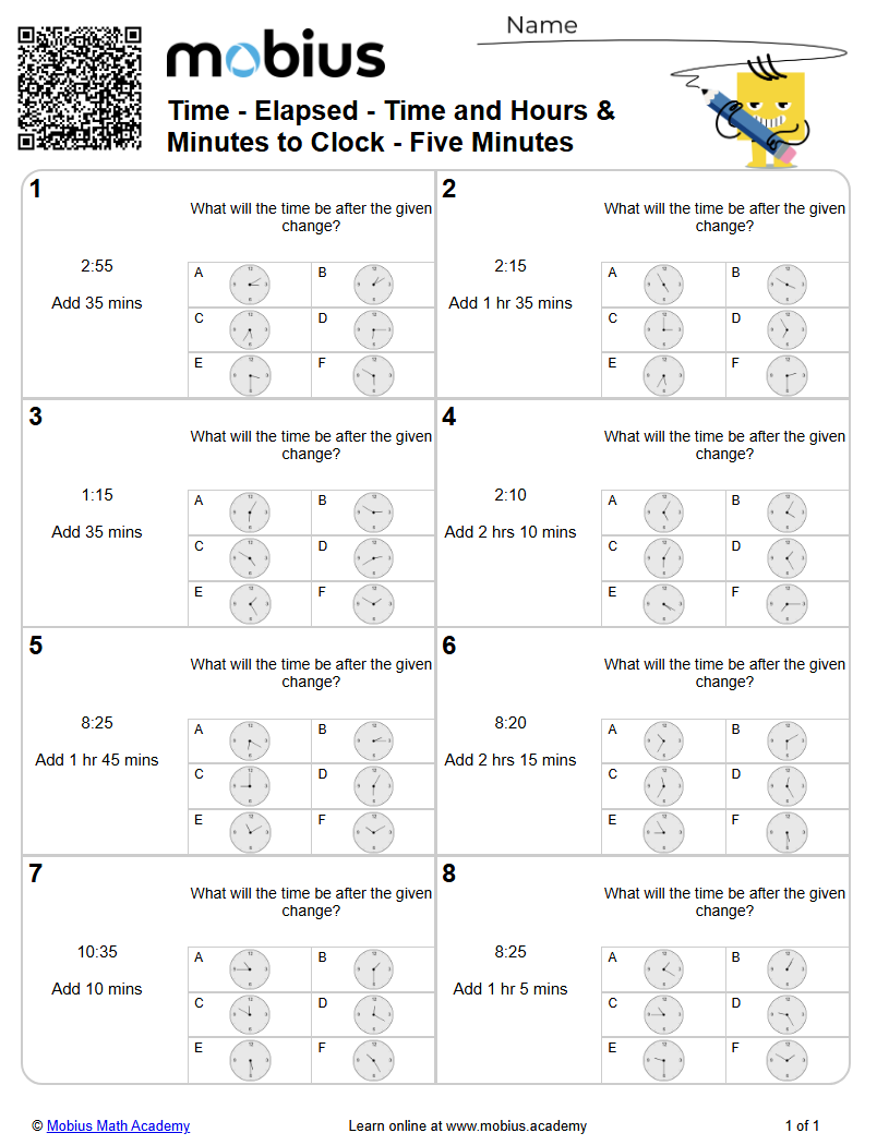 Free Worksheet: Time - Elapsed - Time And Minutes To Clock - Five ...