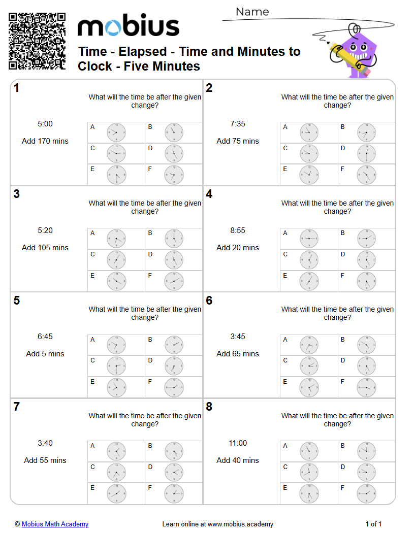 Free Worksheet: Time - Elapsed - Time And Minutes To Clock - Five ...