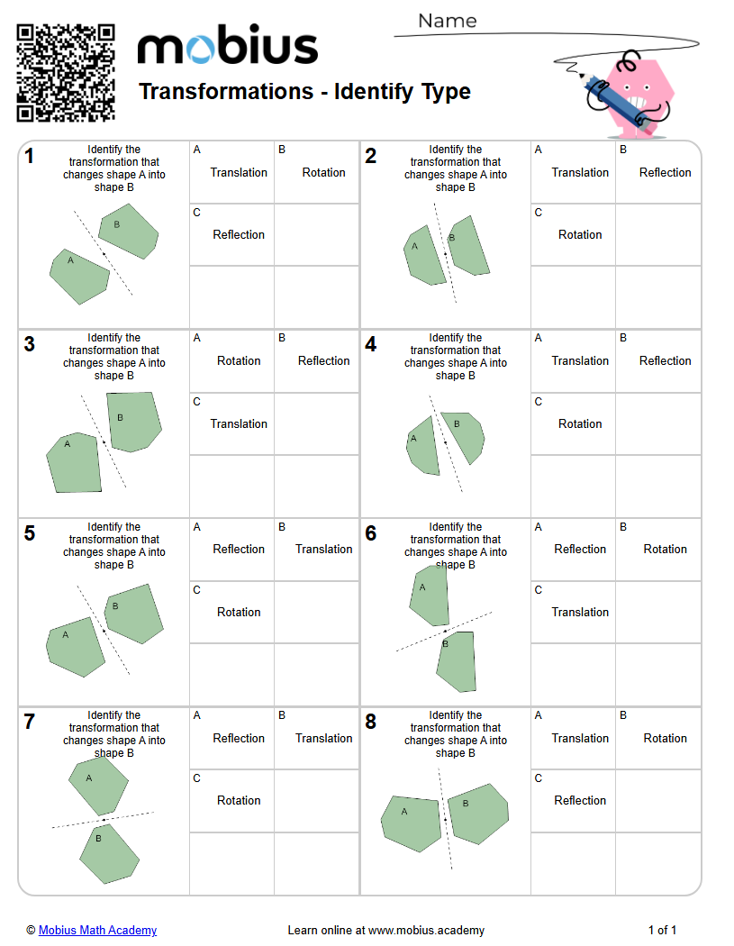 Free Worksheet: Transformations - Identify Type (level 1) - Mobius Math ...
