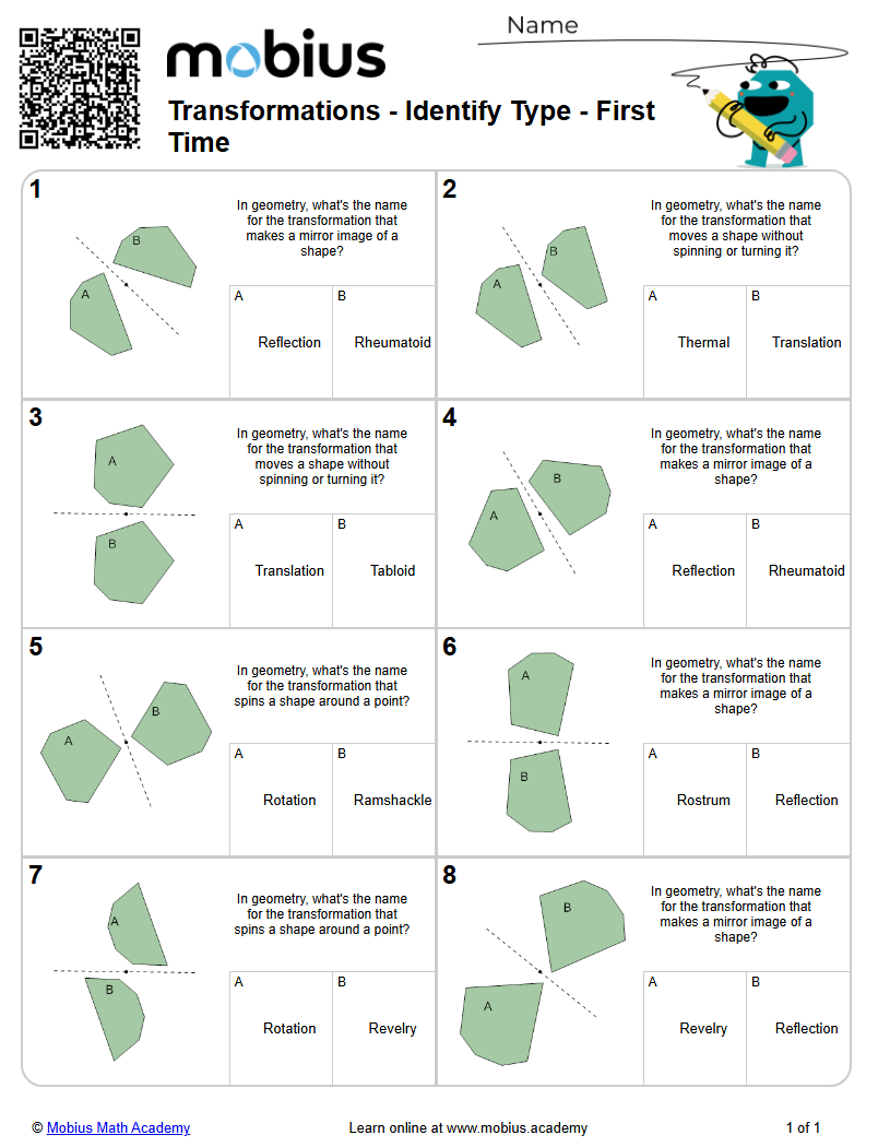 Free Worksheet: Transformations - Identify Type - First Time (level 1 ...