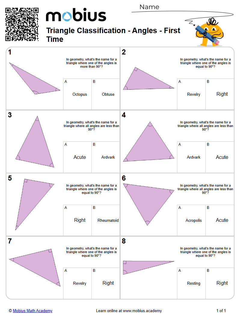 Free Worksheet: Triangle Classification - Angles - First Time (level 1 ...