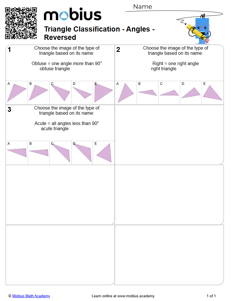 Free Worksheet: Triangle Classification - Angles - Reversed (level 1 ...