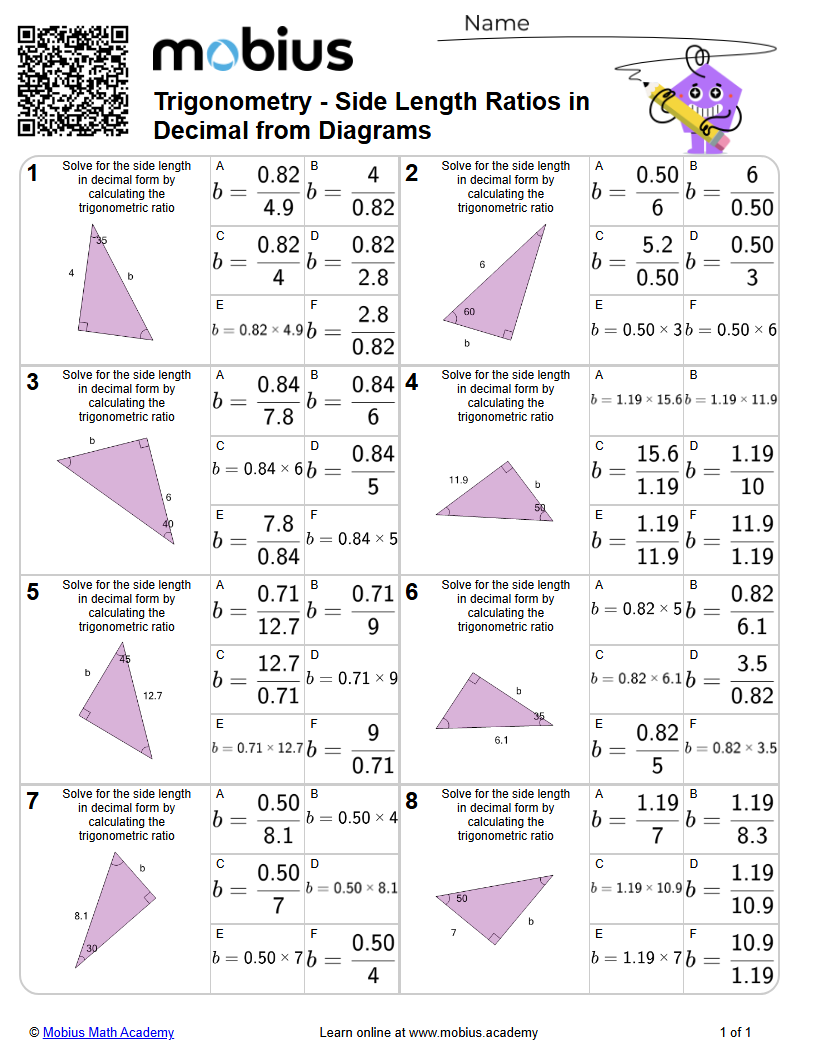 Free Worksheet Trigonometry Side Length Ratios In Decimal From 0101