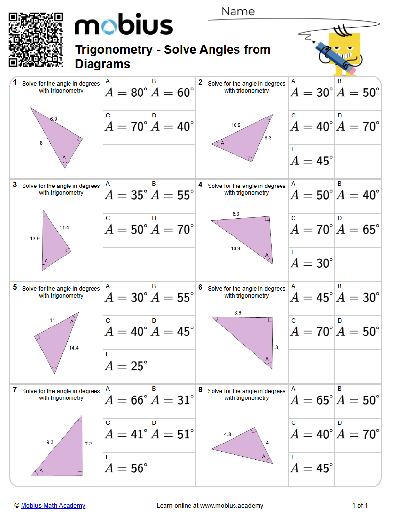 Free Worksheet: Trigonometry - Solve Angles From Diagrams (level 1 ...