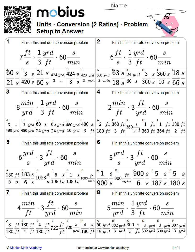 Free Worksheet: Units - Conversion (2 Ratios) - Problem Setup To Answer (level 1) - Mobius Math Club