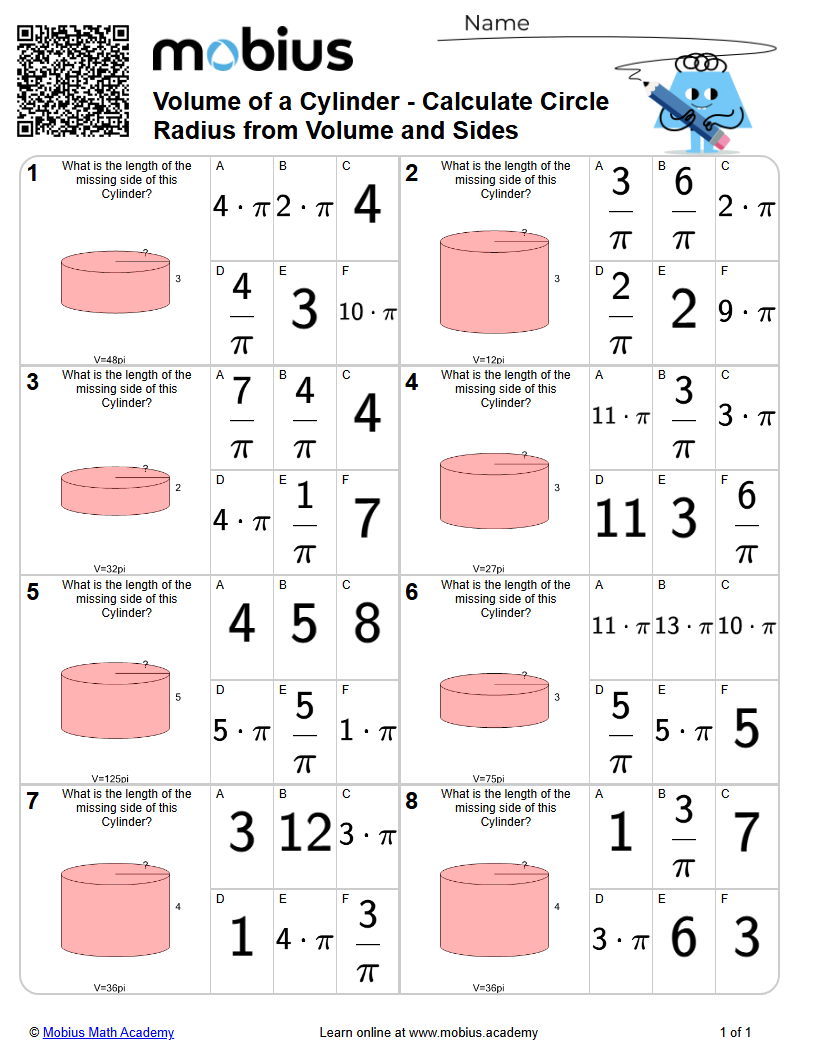 Free Worksheet: Volume Of A Cylinder - Calculate Circle Radius From ...
